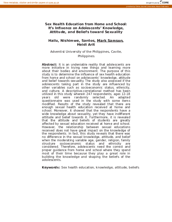 (PDF) Sex Health Education from Home and School: It’s Influence on Adolescents’ Knowledge ...