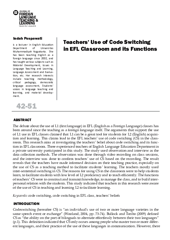 (PDF) Teachers’ Use of Code Switching in EFL Classroom and its Functions