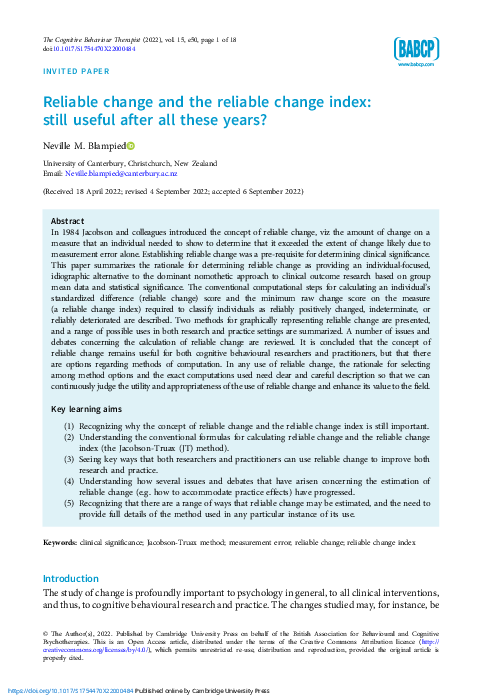 (PDF) Reliable change and the reliable change index: still useful after ...