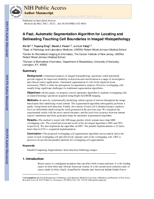 Pdf A Fast Automatic Segmentation Algorithm For Locating And Delineating Touching Cell