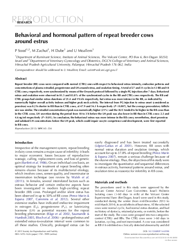 (PDF) Behavioral and hormonal pattern of repeat breeder cows around estrus