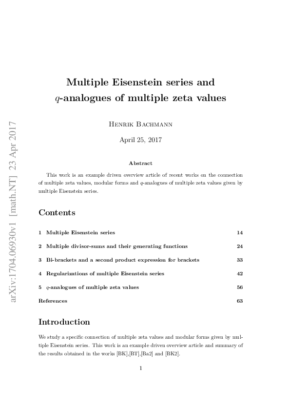 (PDF) Multiple Eisenstein Series and q-Analogues of Multiple Zeta Values | Henrik Bachmann ...