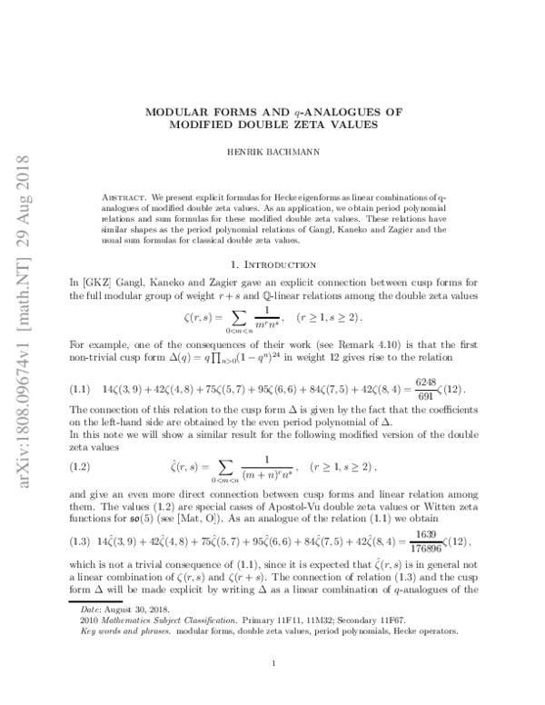 Pdf Modular Forms And Q Analogues Of Modified Double Zeta Values