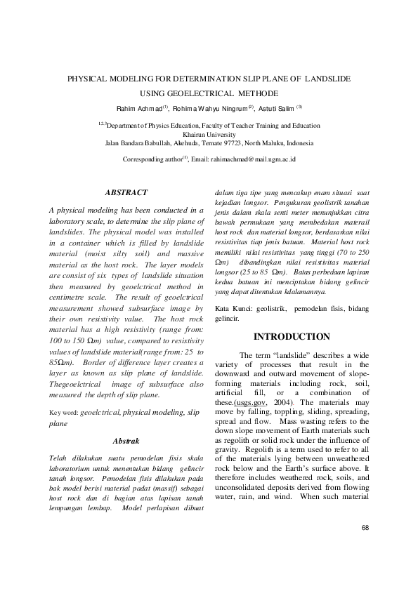 (PDF) Physical Modeling for Determination Slip Plane of Landslide Using Geoelectrical Methode