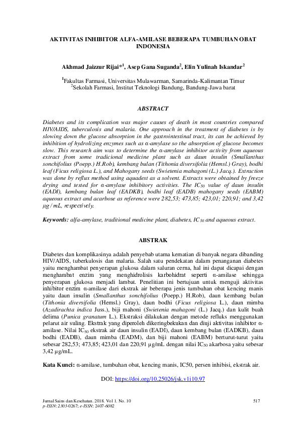 (PDF) Aktivitas Inhibitor Alfa-Amilase Beberapa Tumbuhan Obat Indonesia