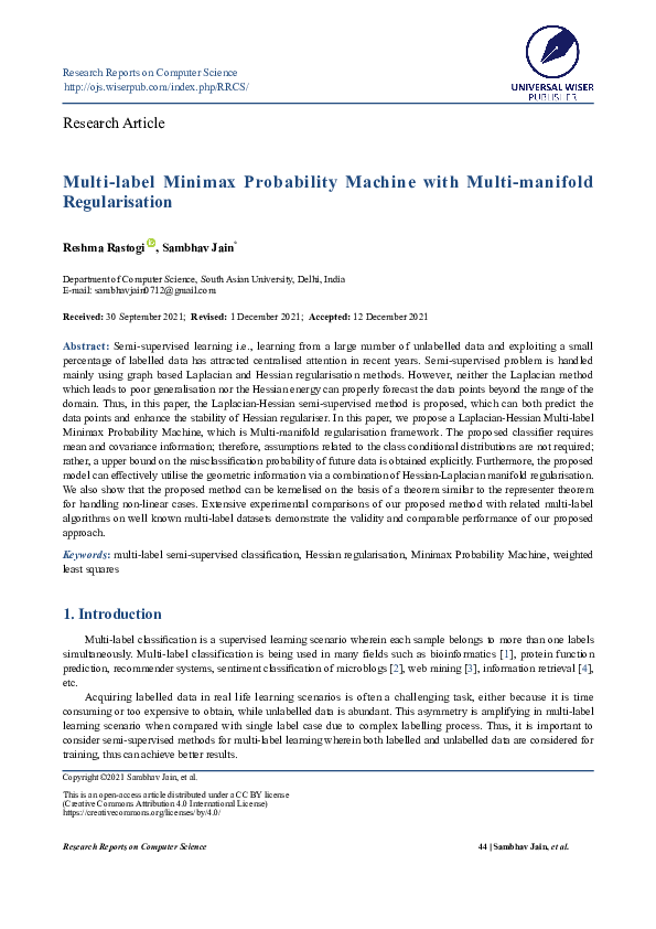 (PDF) Multi-label Minimax Probability Machine with Multi-manifold Regularisation