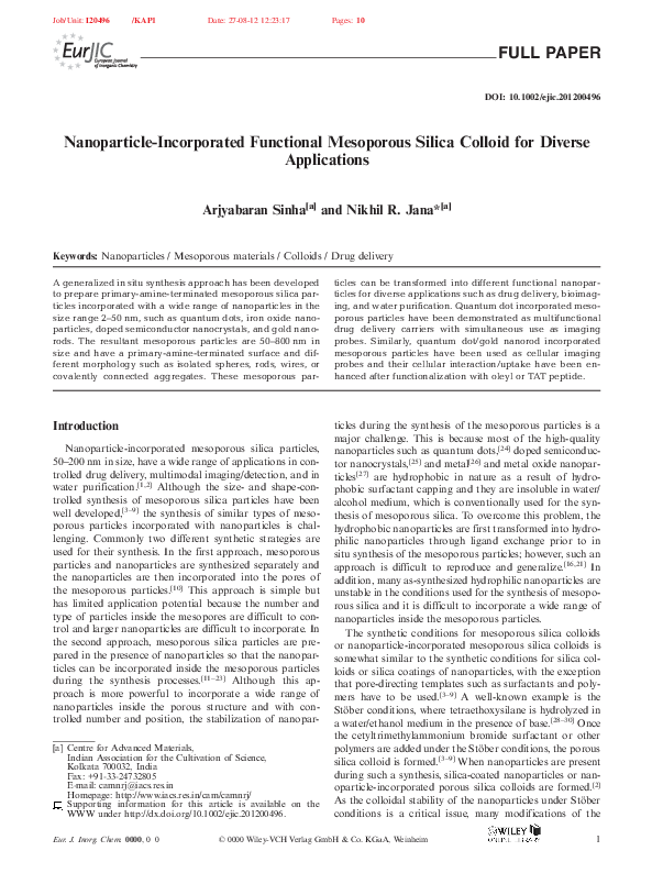 (PDF) Nanoparticle-Incorporated Functional Mesoporous Silica Colloid for Diverse Applications