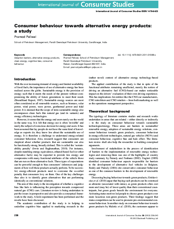 (PDF) Consumer behaviour towards alternative energy products: a study
