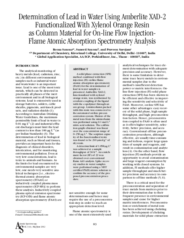 (PDF) Determination of Lead in Water Using Amberlite XAD-2 Functionalized With Xylenol Orange ...