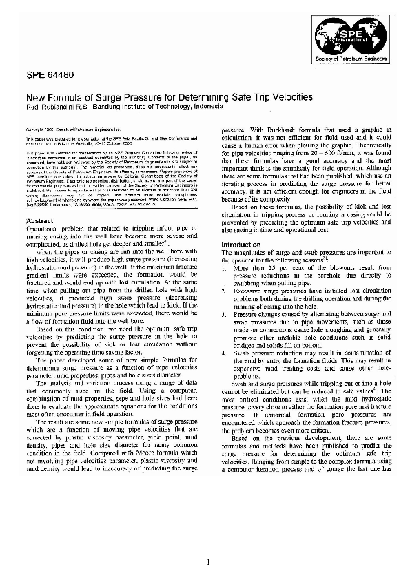 (PDF) New Formula of Surge Pressure for Determining Safe Trip Velocities