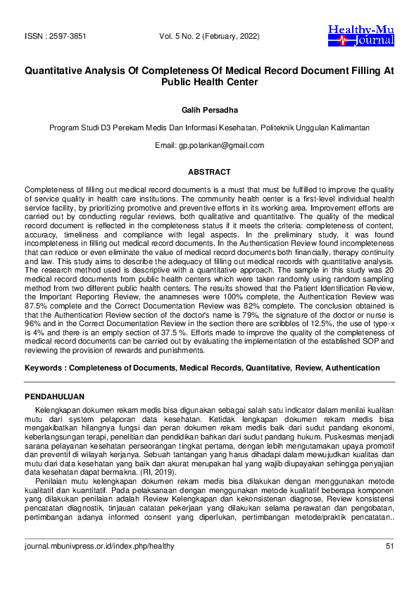 (PDF) Quantitative Analysis Of Completeness Of Medical Record Document ...