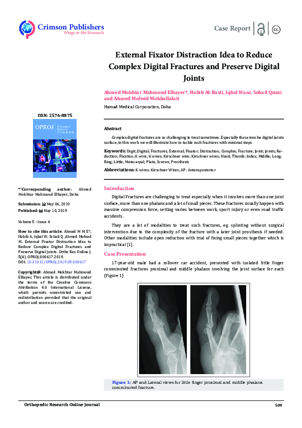 (PDF) External Fixator Distraction Idea to Reduce Complex Digital Fractures and Preserve Digital ...
