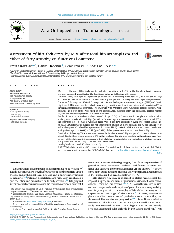 Pdf Assessment Of Hip Abductors By Mri After Total Hip Arthroplasty And Effect Of Fatty