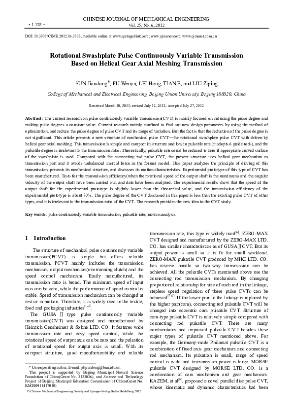 Pdf Rotational Swashplate Pulse Continuously Variable Transmission