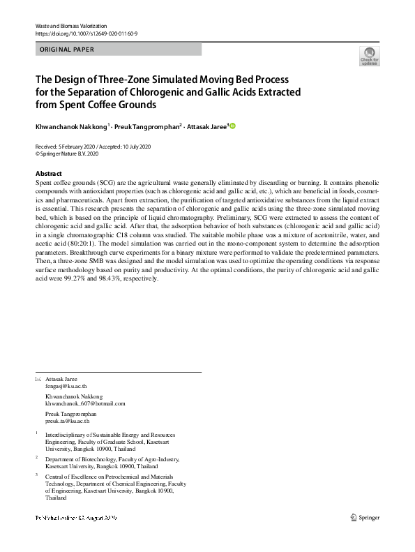 (PDF) The Design of Three-Zone Simulated Moving Bed Process for the Separation of Chlorogenic ...