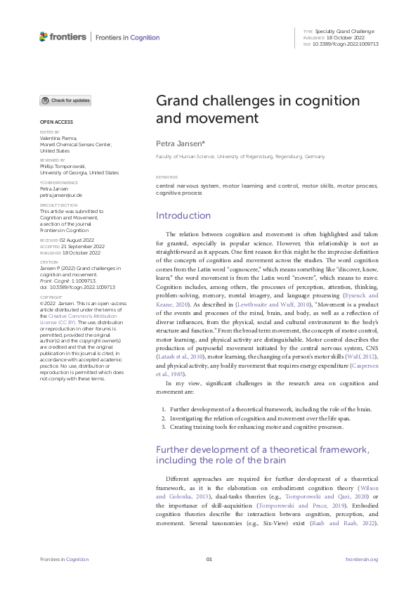 (PDF) Grand challenges in cognition and movement