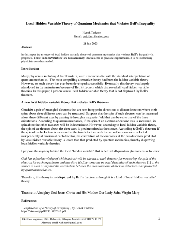 (PDF) Local Hidden Variable Theory of Quantum Mechanics that Violates ...