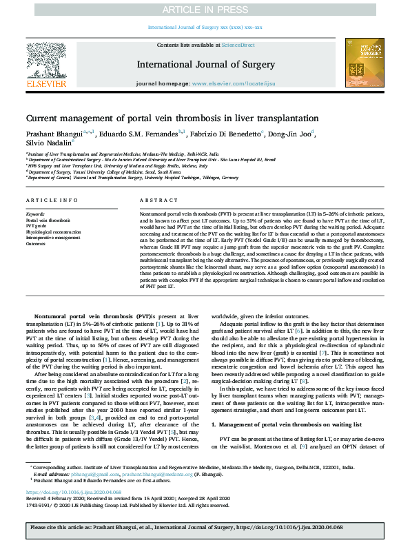 (PDF) Current management of portal vein thrombosis in liver transplantation