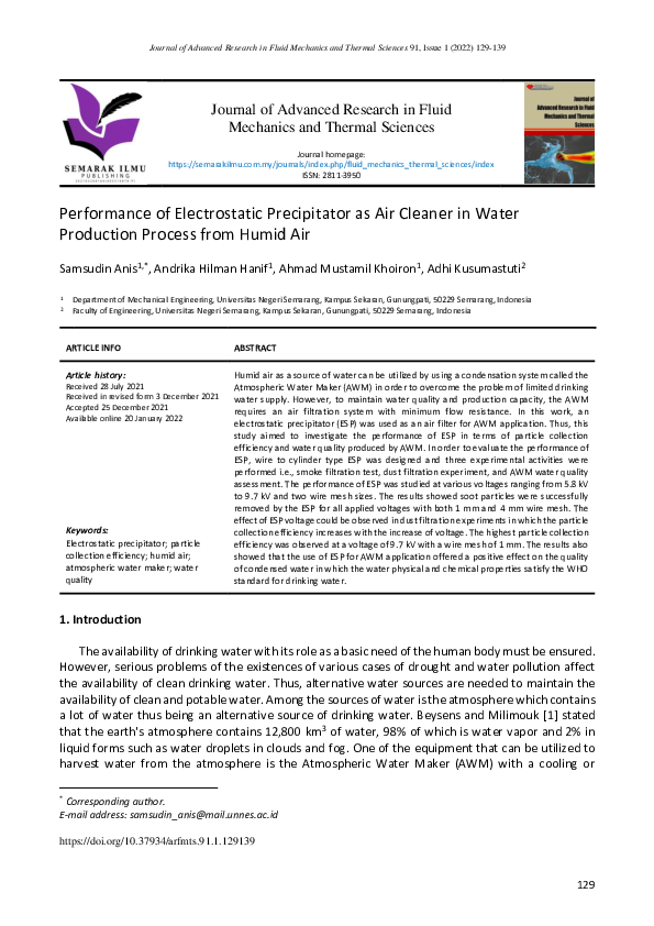 (PDF) Performance of Electrostatic Precipitator as Air Cleaner in Water Production Process from ...