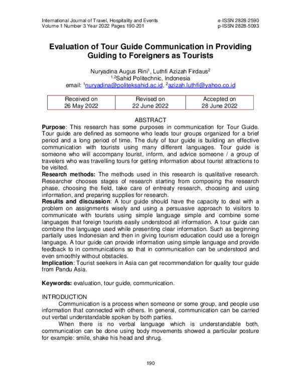 (PDF) Evaluation of Tour Guide Communication in Providing Guiding to ...