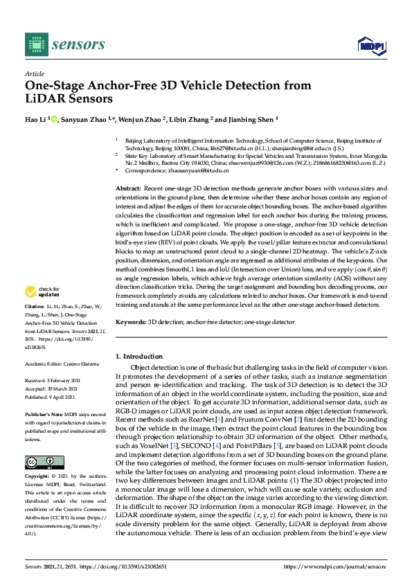 Pdf One Stage Anchor Free 3d Vehicle Detection From Lidar Sensors