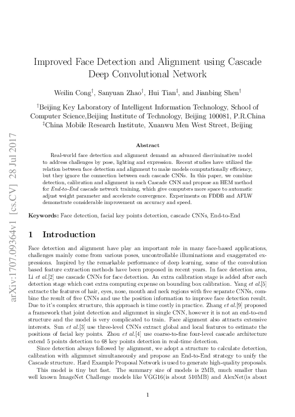 Pdf Improved Face Detection And Alignment Using Cascade Deep Convolutional Network Jianbing