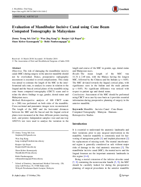Pdf Evaluation Of Mandibular Incisive Canal Using Cone Beam Computed Tomography In Malaysians