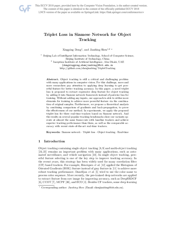 Pdf Triplet Loss In Siamese Network For Object Tracking