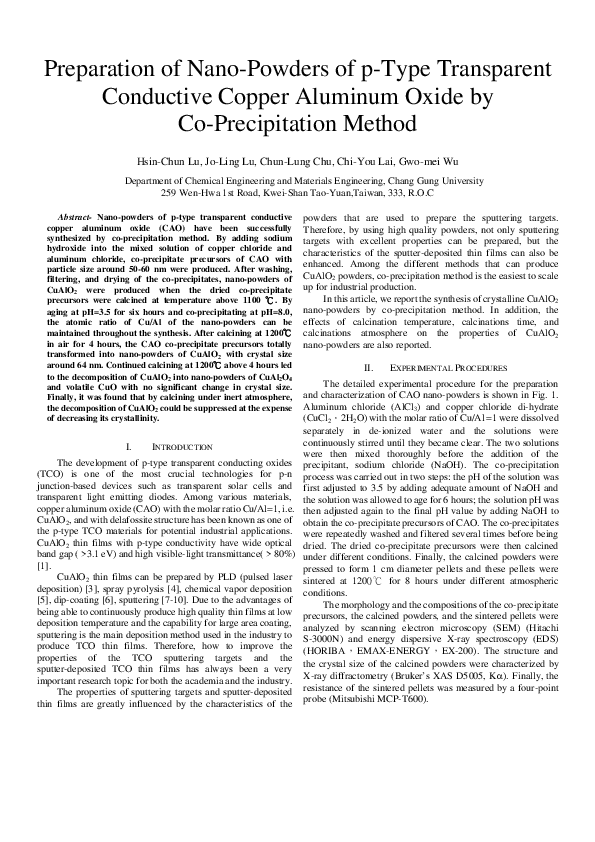 (PDF) Preparation of nano-powders of p-type transparent conductive copper aluminum oxide by co ...