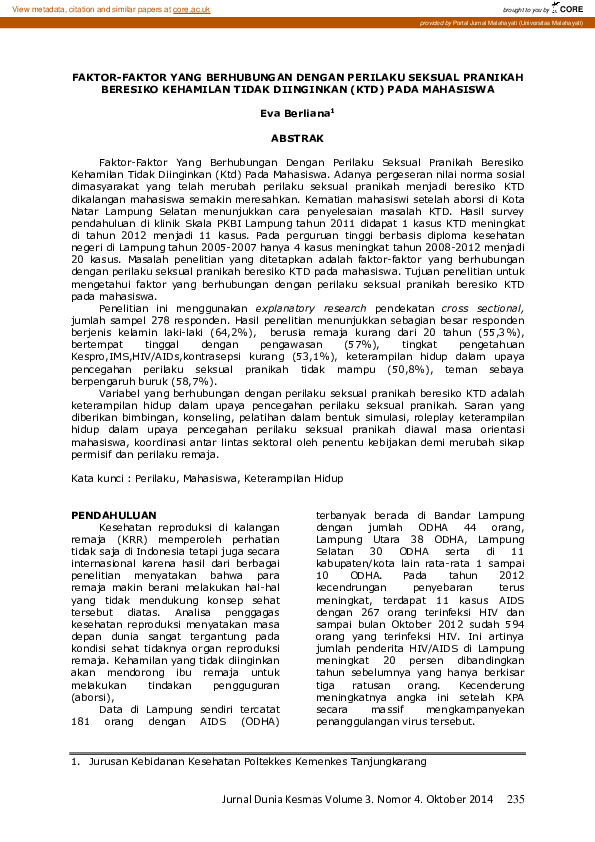 (PDF) Faktor-Faktor Yang Berhubungan Dengan Perilaku Seksual Pranikah Beresiko Kehamilan Tidak ...