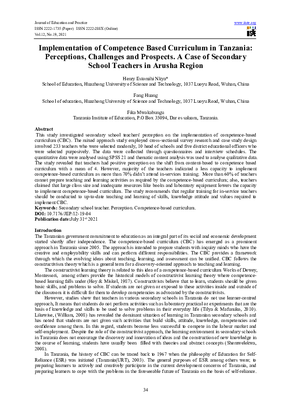 (PDF) Implementation of Competence Based Curriculum in Tanzania: Perceptions, Challenges and ...