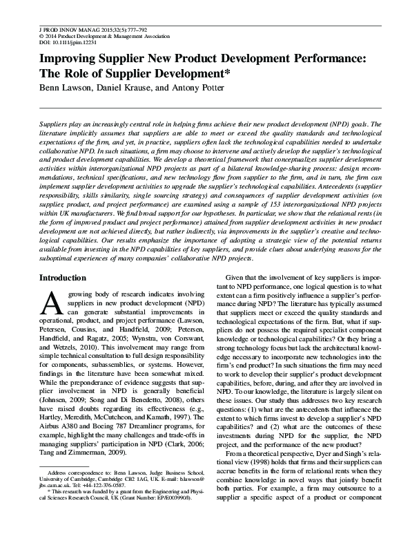 (PDF) Improving Supplier New Product Development Performance: The Role of Supplier Development