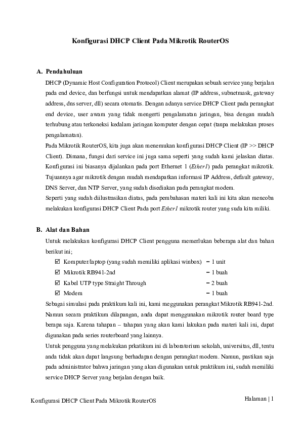 (PDF) Konfigurasi DHCP Client Pada Mikrotik RouterOS (PDF) Konfigurasi DHCP Client Pada Mikrotik RouterOS