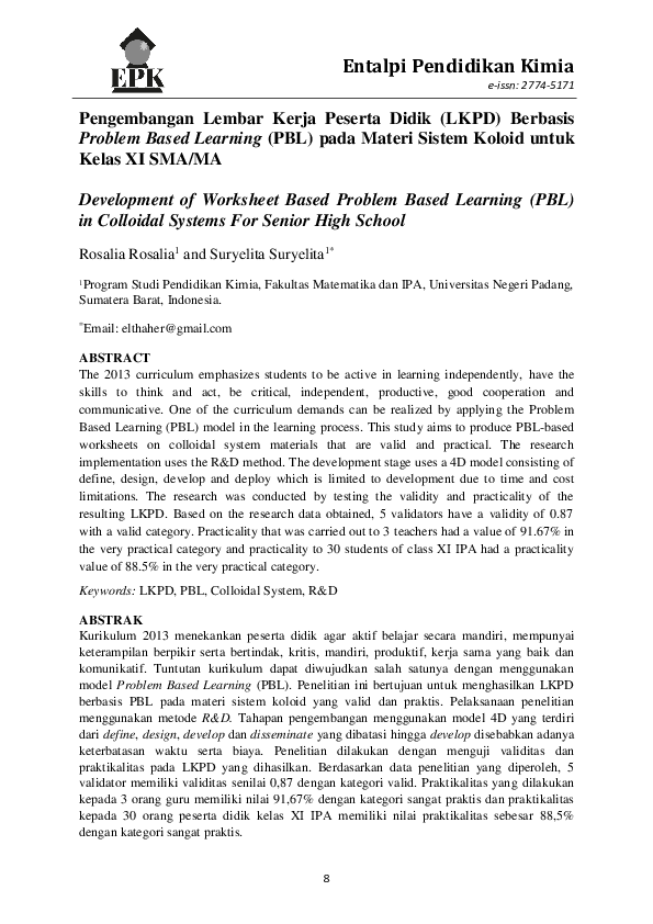 (PDF) Development of Worksheet Based Problem Based Learning (PBL) in Colloidal Systems For ...