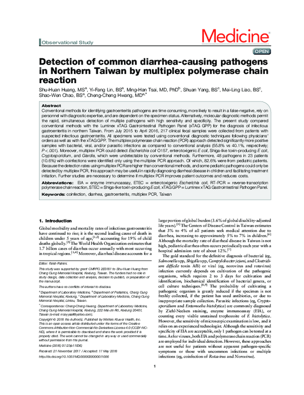 (PDF) Detection of common diarrhea-causing pathogens in Northern Taiwan by multiplex polymerase ...