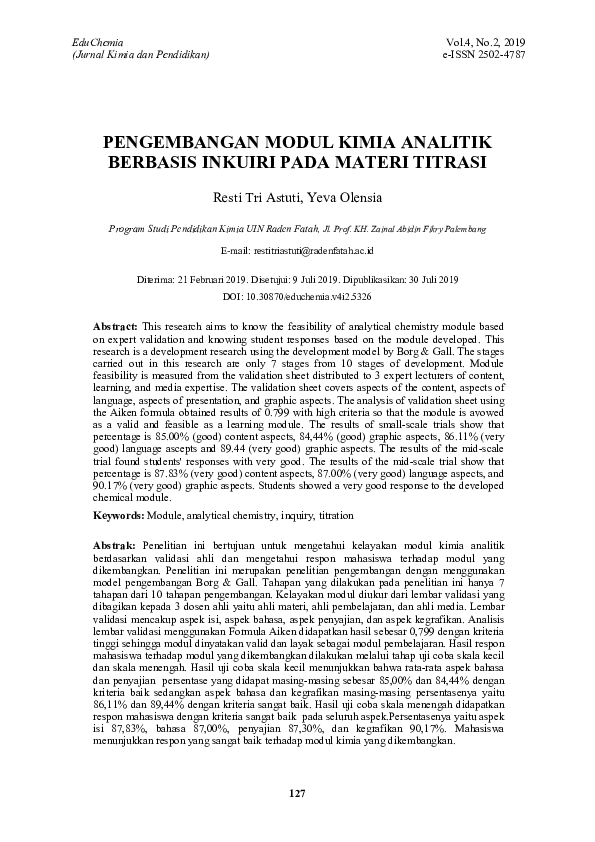 (PDF) Pengembangan Modul Kimia Analitik Berbasis Inkuiri pada Materi Titrasi