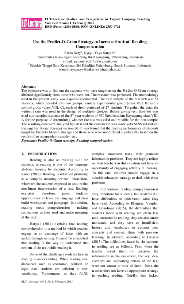(PDF) Using Predict-O-Gram Strategy to Improve Student’s Ability in Reading Comprehension