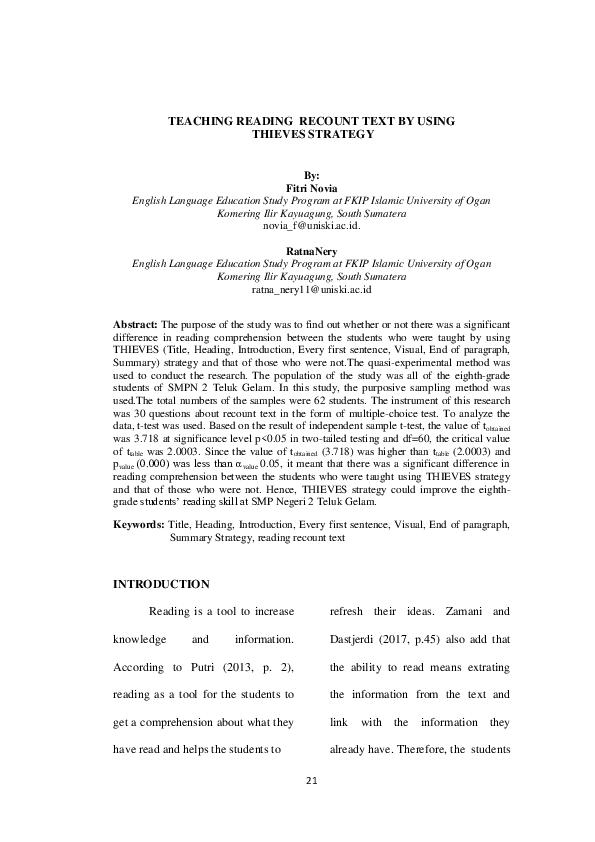(PDF) Teaching Reading Recount Text by Using Thieves Strategy