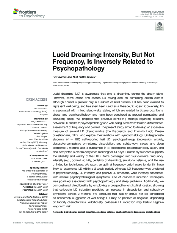 (PDF) Lucid Dreaming: Intensity, But Not Frequency, Is Inversely ...