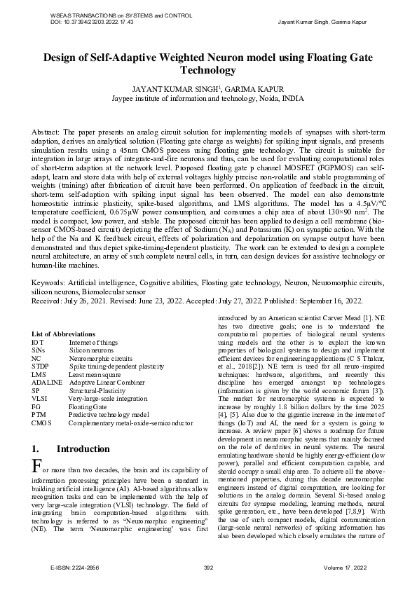 (PDF) Design of Self-Adaptive Weighted Neuron model using Floating Gate Technology