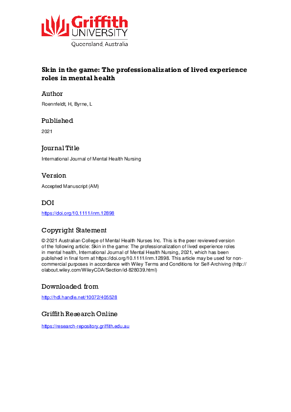 (PDF) Skin in the game: The professionalization of lived experience roles in mental health