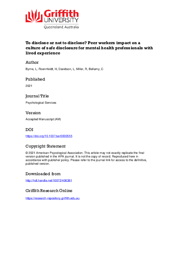 (PDF) To disclose or not to disclose? Peer workers impact on a culture ...