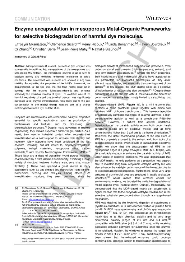 (PDF) Enzyme encapsulation in mesoporous Metal-Organic Frameworks for ...