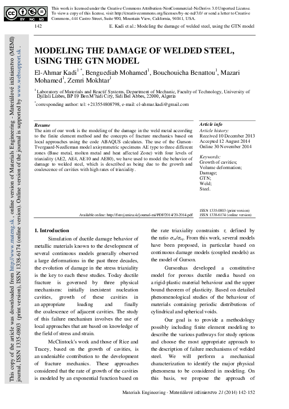 (PDF) Modeling the damage of welded steel, using the GTN model