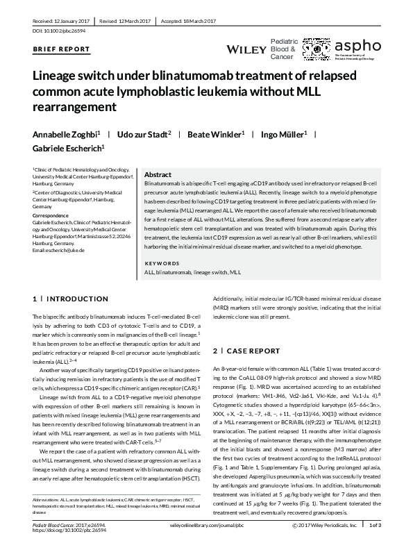 (PDF) Lineage switch under blinatumomab treatment of relapsed common ...