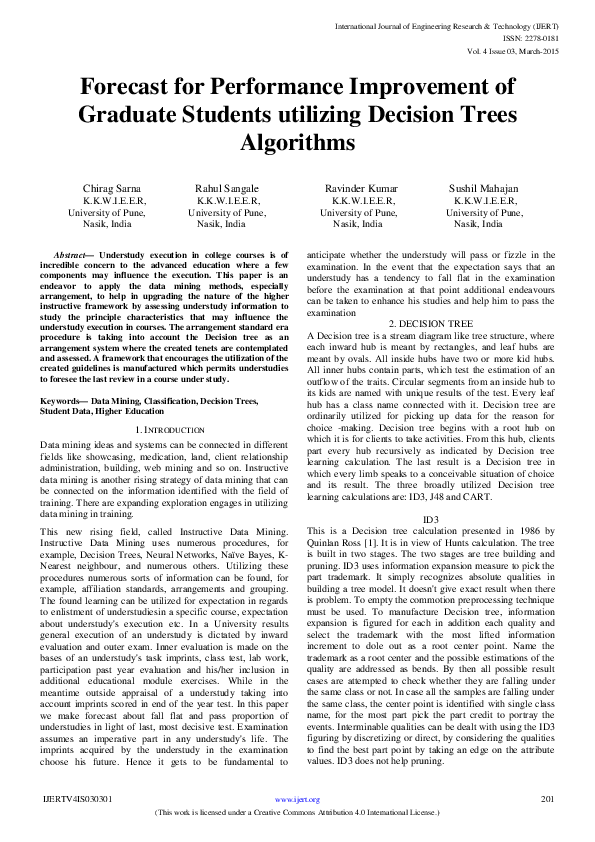 (PDF) Forecast for Performance Improvement of Graduate Students utilizing Decision Trees Algorithms