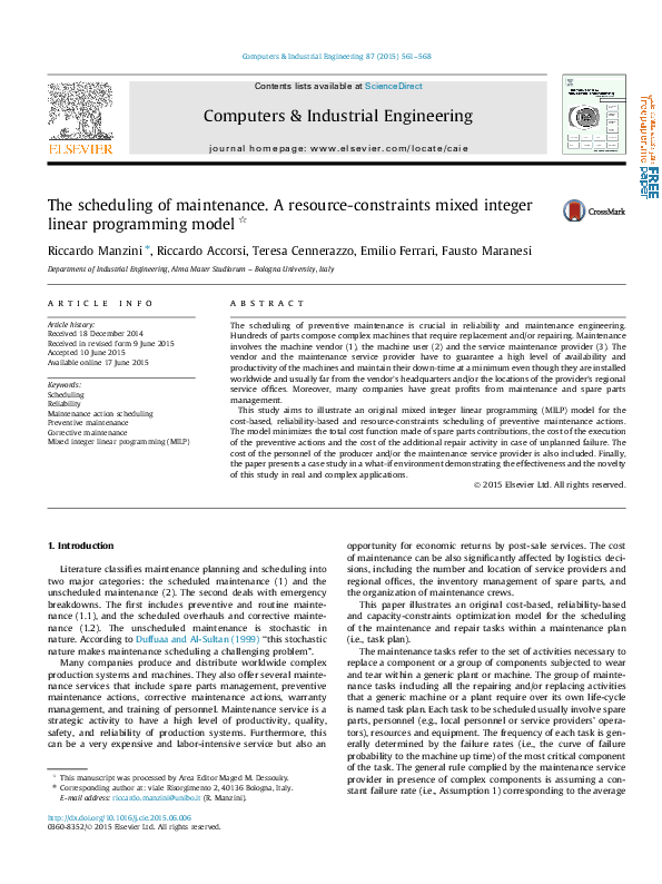 (PDF) The scheduling of maintenance. A resource-constraints mixed integer linear programming model