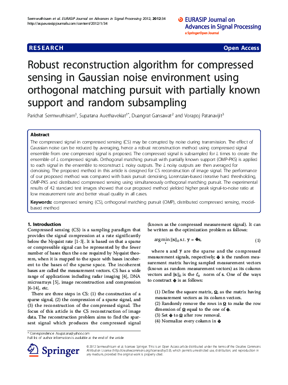 Pdf Robust Reconstruction Algorithm For Compressed Sensing In Gaussian Noise Environment Using