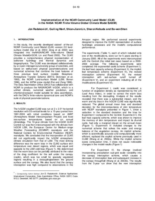 (PDF) Implementation of the NCAR Community Land Model (CLM) in the NASA/NCAR finite-volume ...