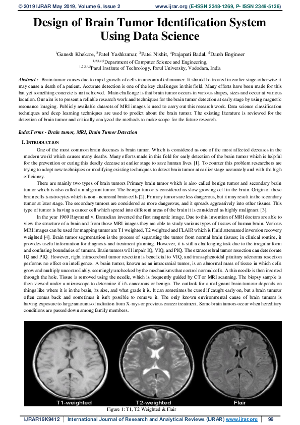 (PDF) Design of Brain Tumor Identification System Using Data Science